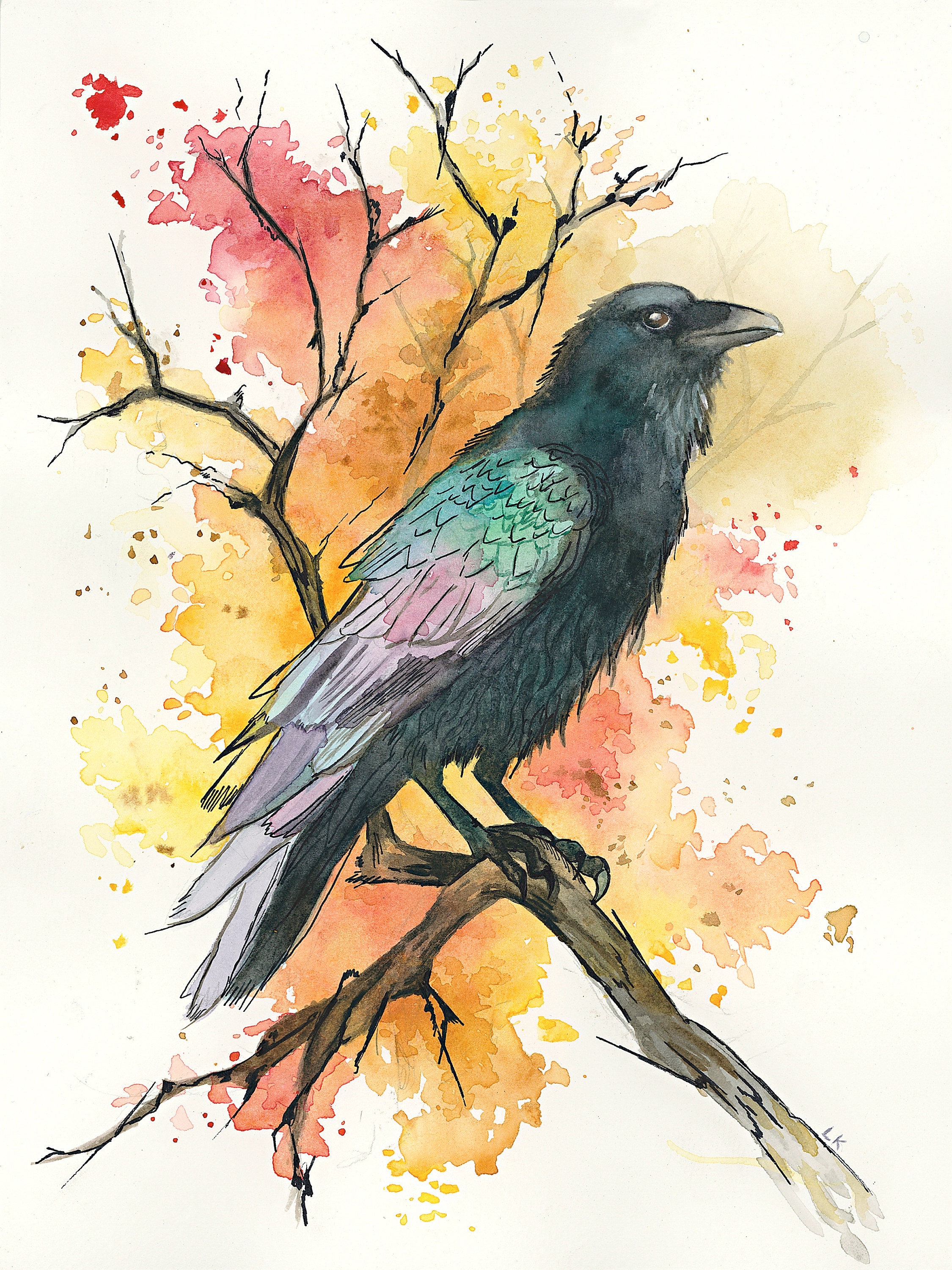 Raven Art Raven Watercolor Fall Leaves Autumn Bird - Etsy