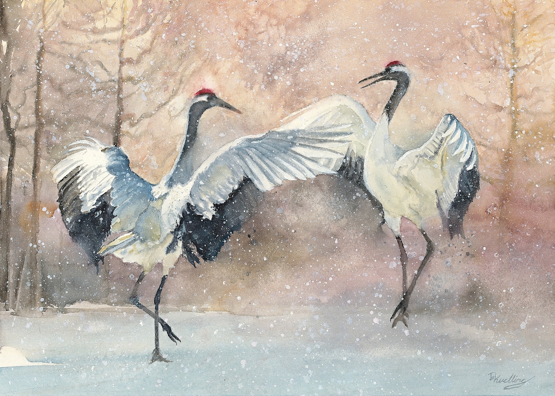 Painting of Japanese Cranes, Watercolor Painting of Cranes, Japanese ...