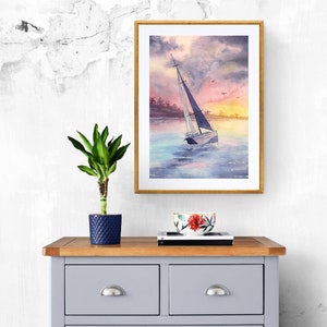 Sailboat Painting, Sunset Art, Watercolor Painting, Sunset Lake ...