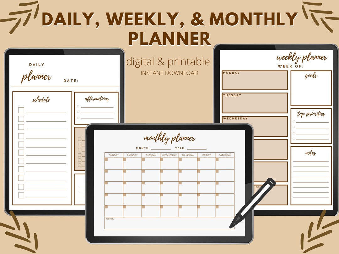 Digital & Printable Neutral Daily, Weekly, + Monthly Planner, Chocolate ...