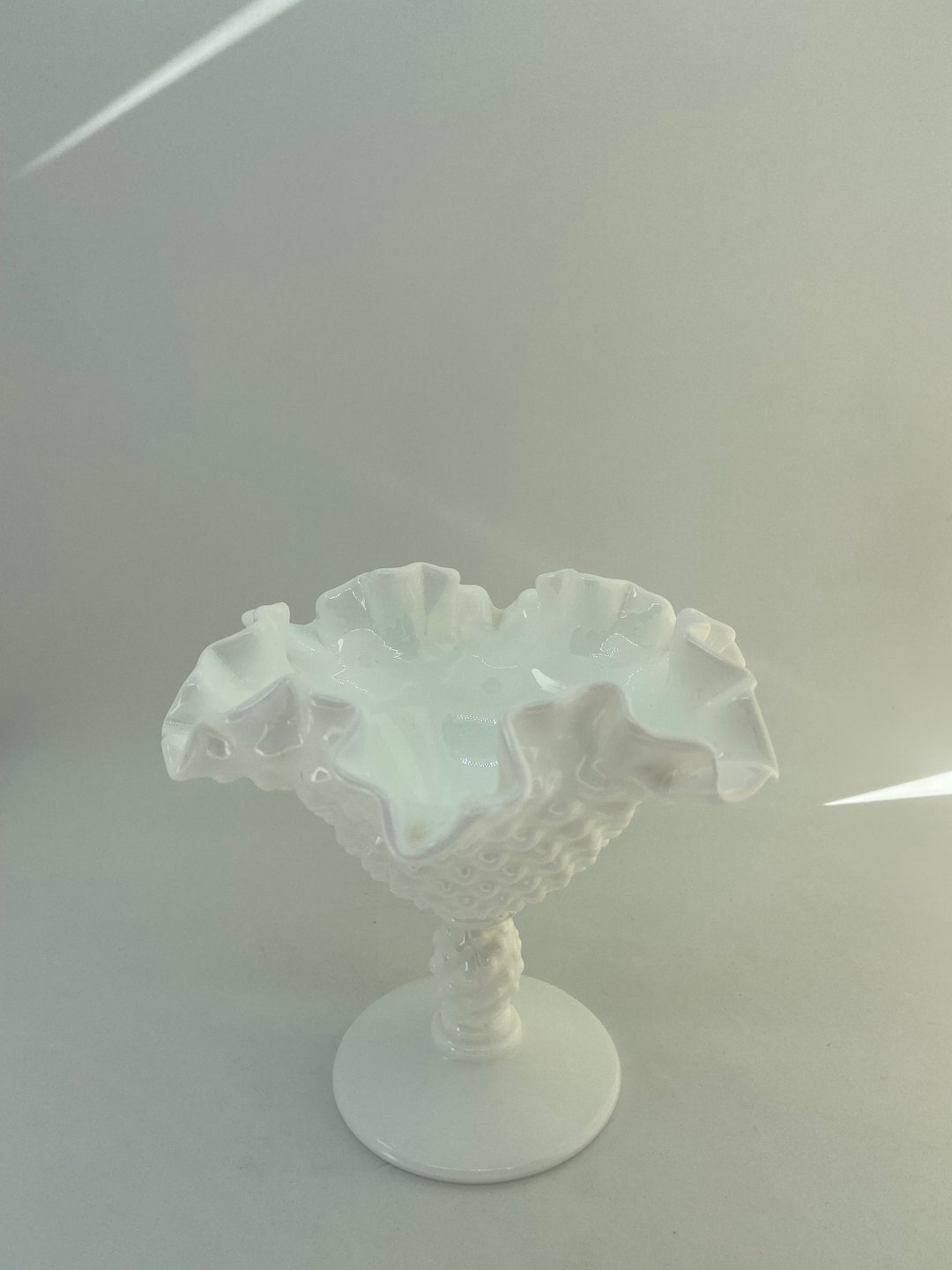 White Fenton Ruffled Edge Pedestal Candy Dish Hobnail Pattern Vintage ...