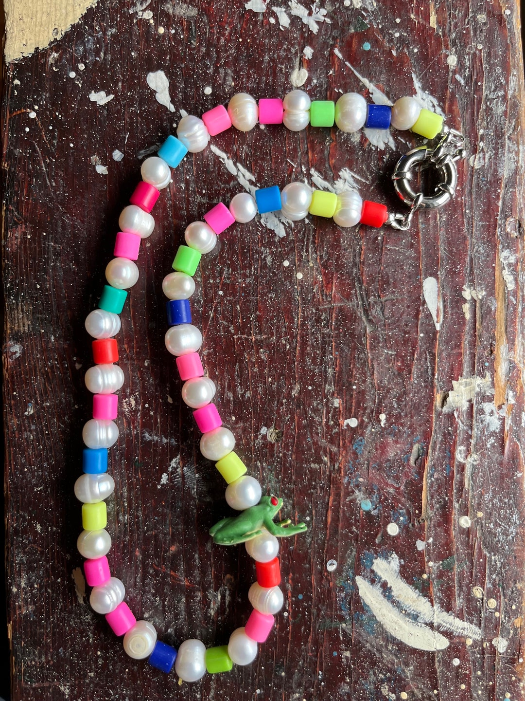 Frog Necklace/freshwater Pearls/clay/colorful/beaded/large Clasp ...