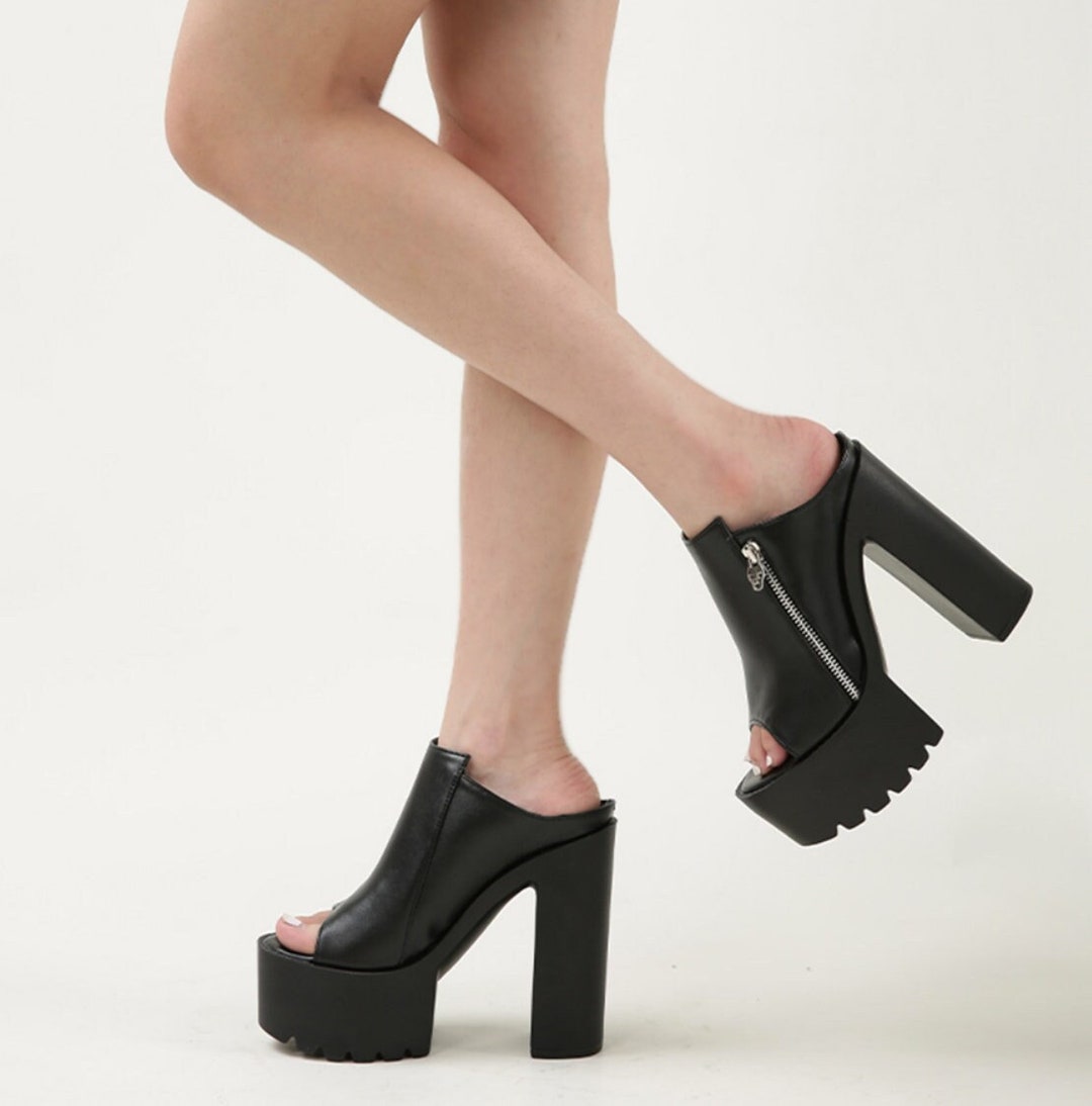 Black Leather Mule Heels With Gothic Skull Zipper Block Chunky Heels ...