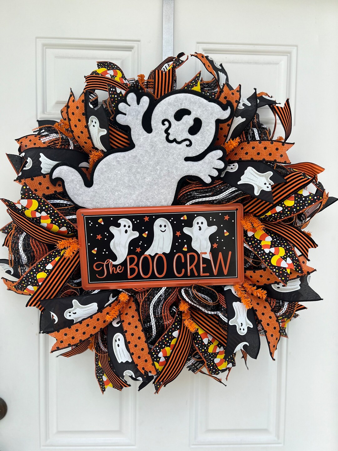 Boo Crew Halloween Wreath: Ghost Front Door Decor, Handmade - Etsy