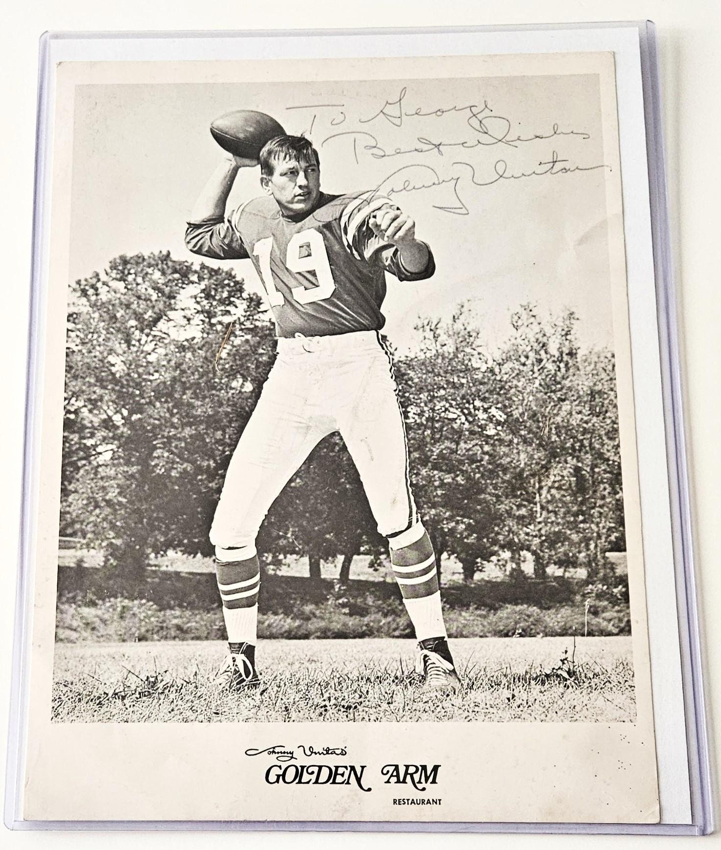 Johnny Unitas Baltimore Colts Signed Golden Arm Restaurant B&W 8x10 and Personalized "to George ...