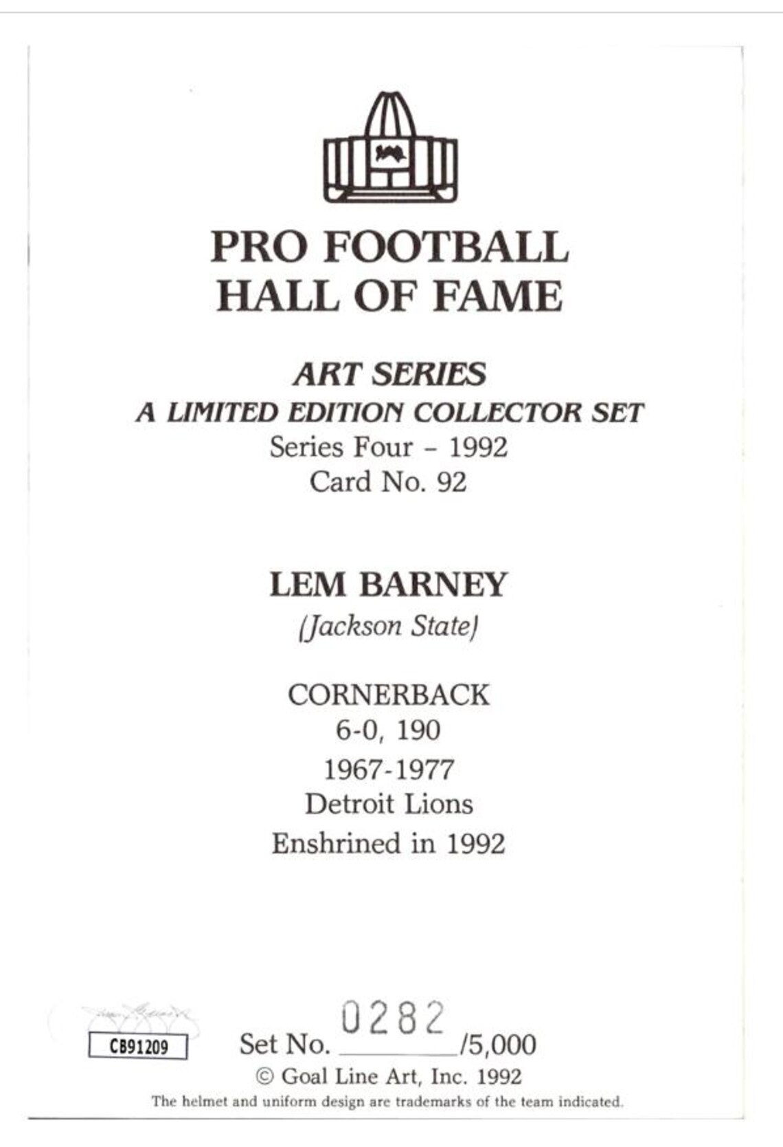 Lem Barney Detroit Lions Signed 1992 Pro Football Hall of Fame Goal ...