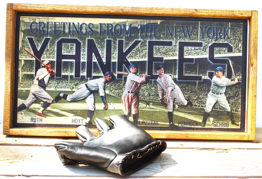 New York Yankees Vintage Postcard 12" X 24" Wooden Display Sign Framed ...