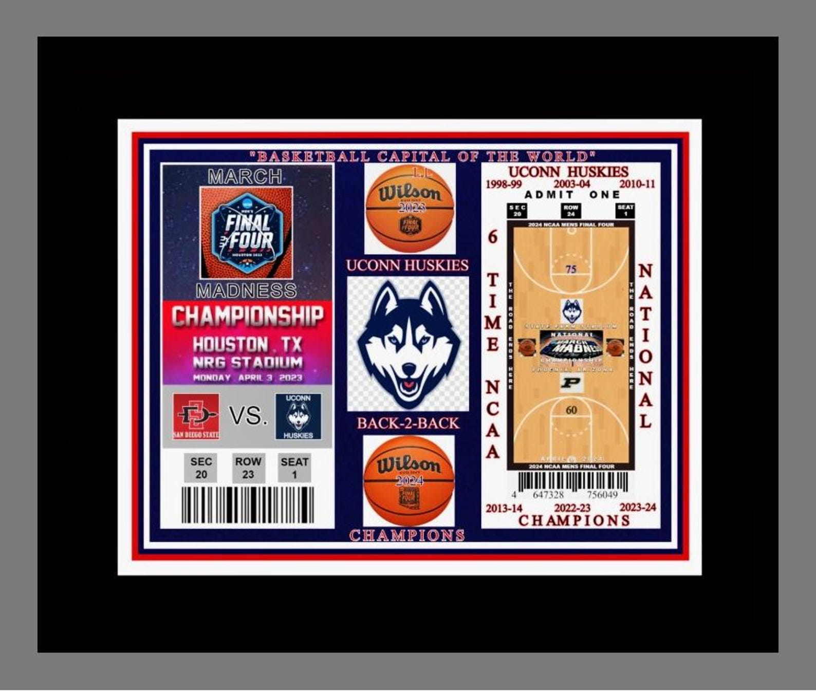 Uconn Huskies Men's Basketball 6x Champions 8x10 Black Matted Single ...
