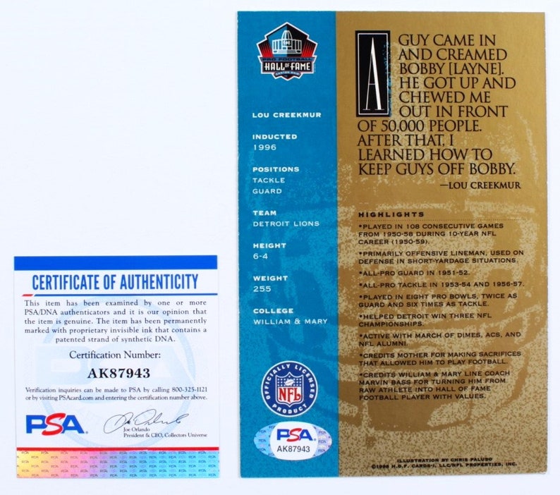 Lou Creekmur Detroit Lions Signed Hall of Fame Signature Series Card ...