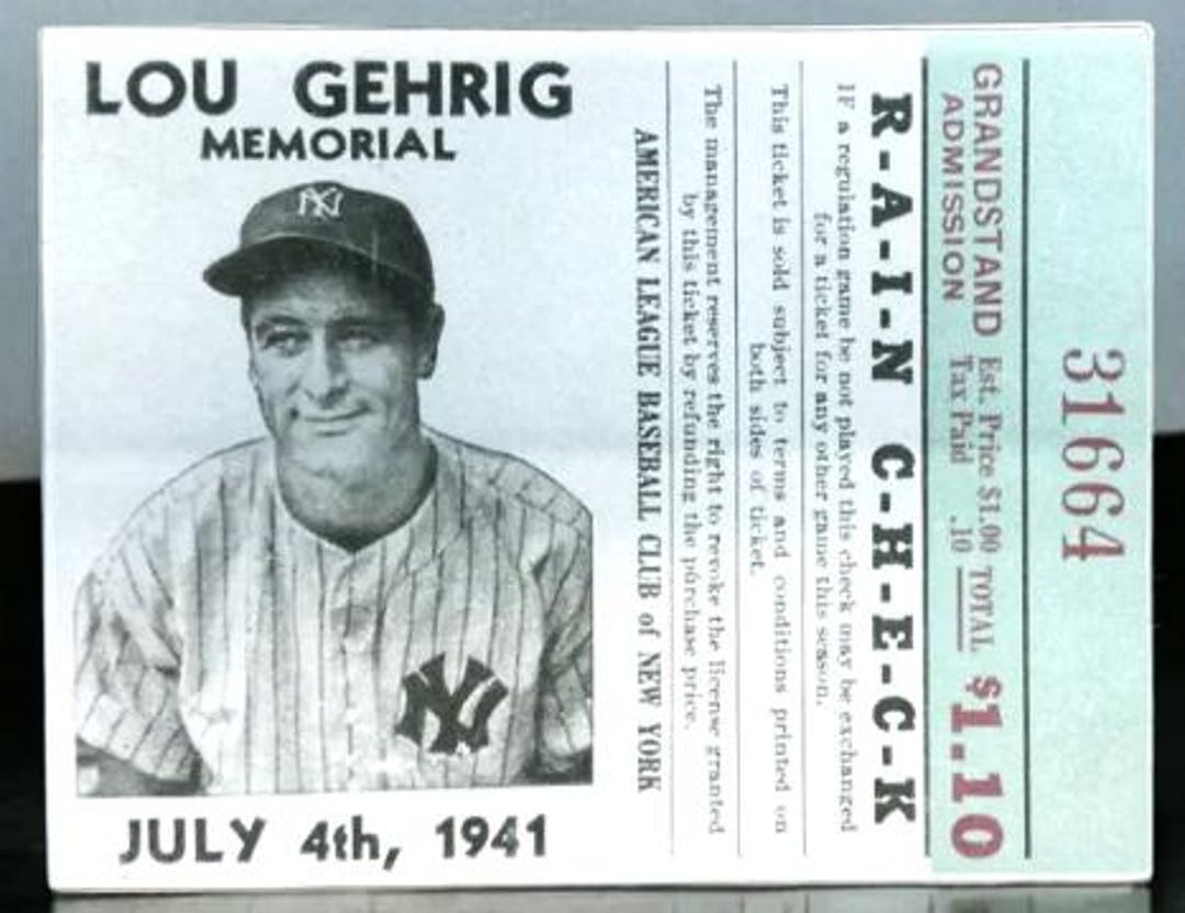 July 4th 1941 Lou Gehrig Memorial Ticket Stub 9"x12"x3/4" Birch Wood ...
