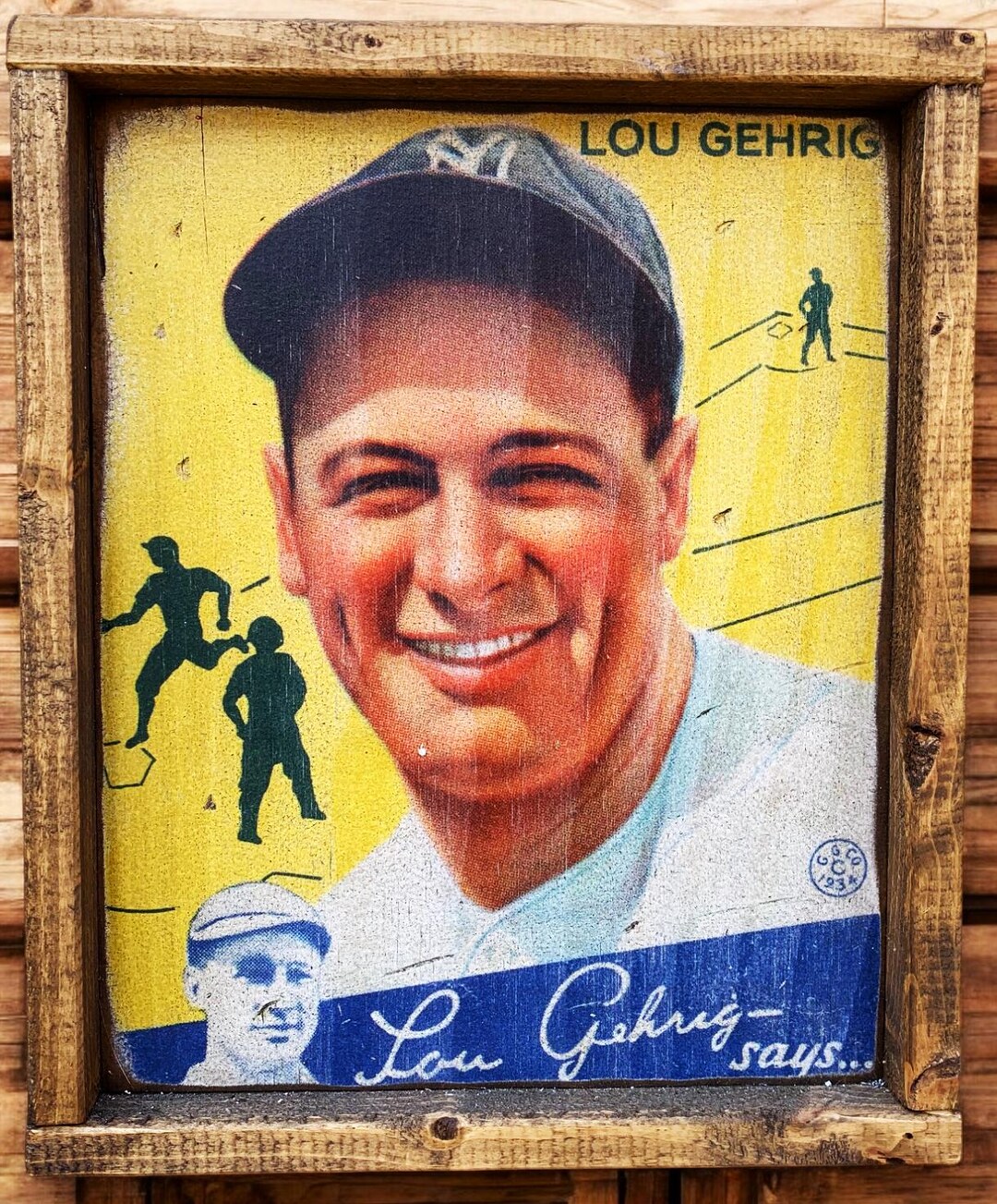 1934 Lou Gehrig 10"x12"x1/2" Antique Style Wooden Baseball Card Sign in ...