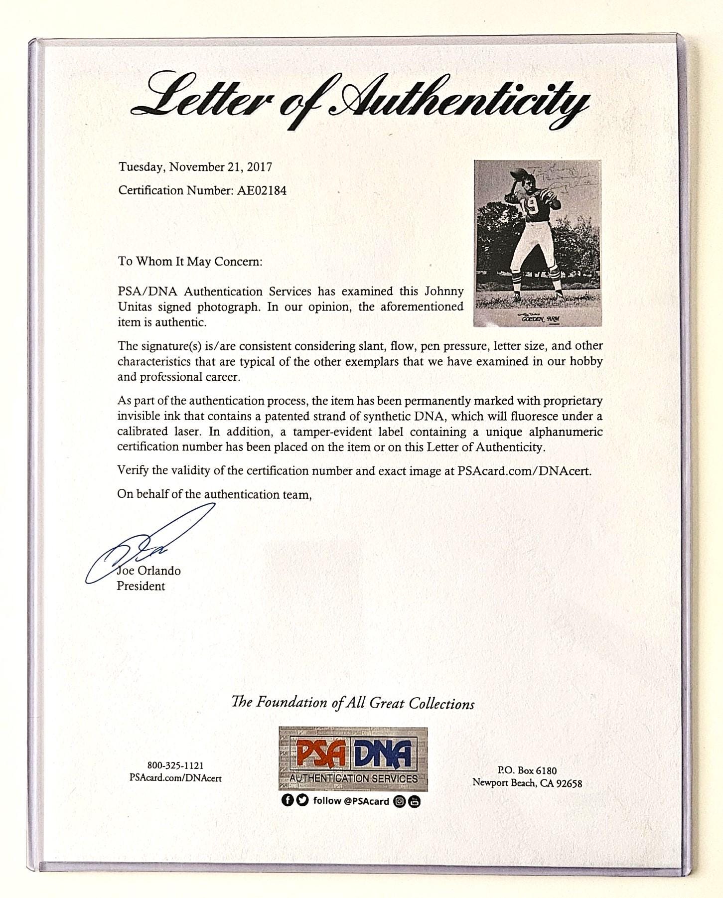 Johnny Unitas Baltimore Colts Signed Golden Arm Restaurant B&W 8x10 and ...