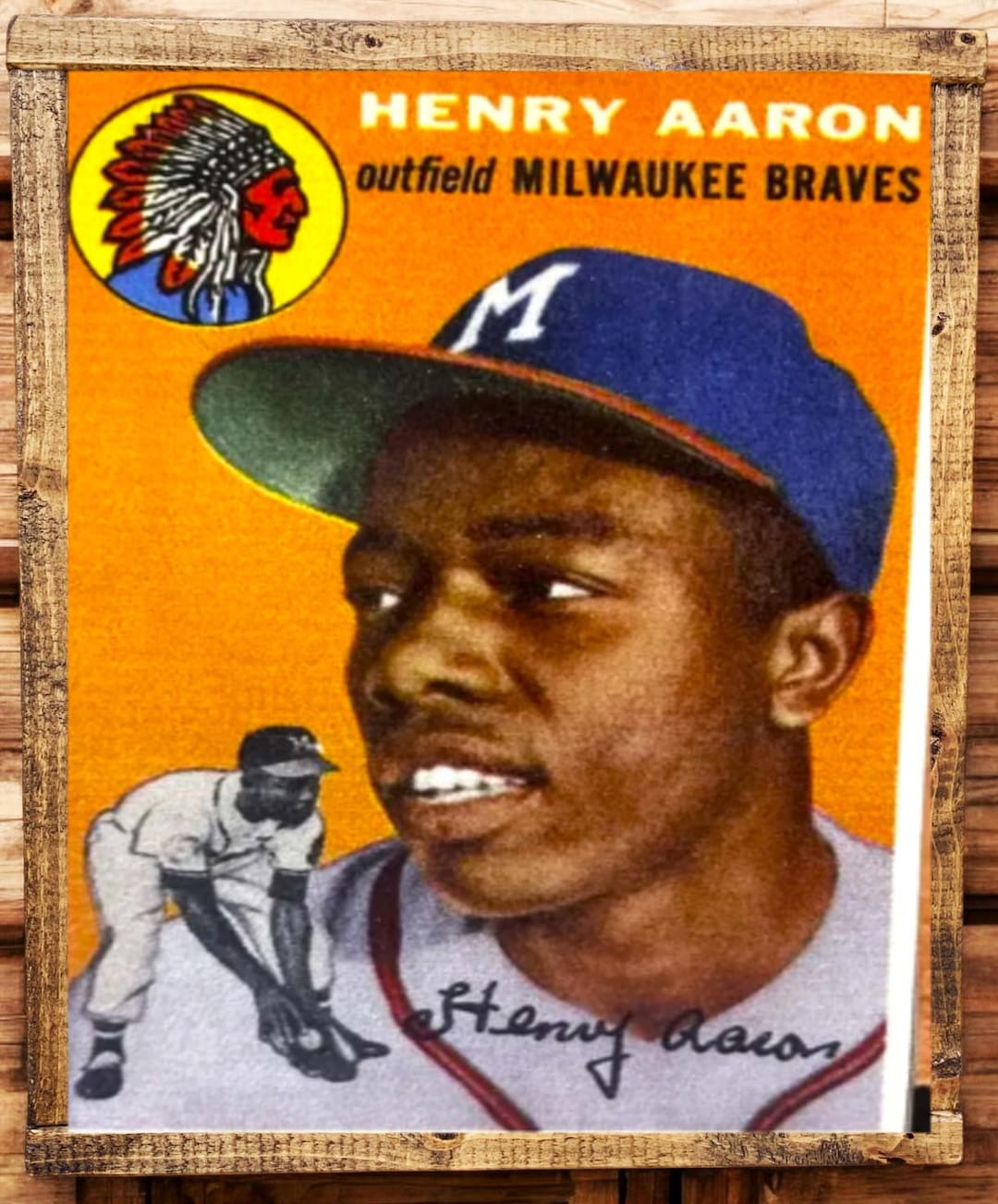Hank Aaron 1954 8.5"x12"x1/2" Antique Style Wooden Rookie Baseball Card ...