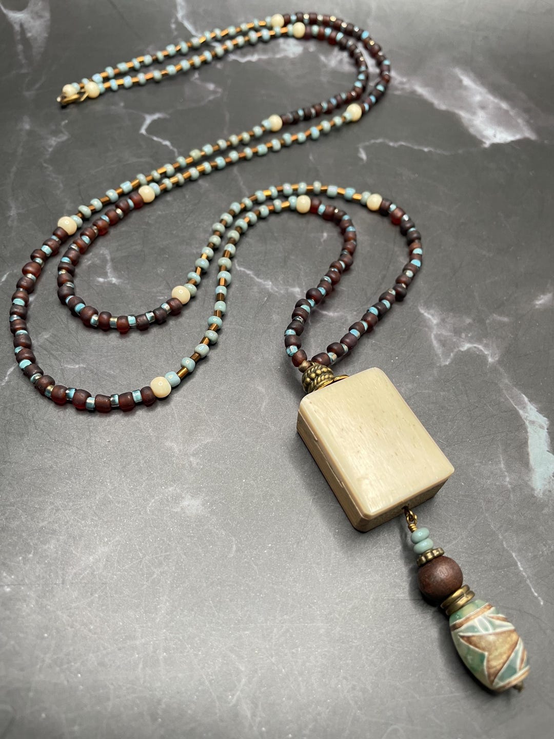 Vintage White Dragon Yak Bone and Bamboo Mahjongg Tile Necklace Jewelry ...