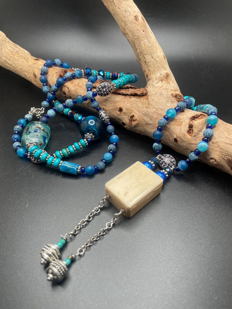 Vintage Yak Bone and Bamboo White Dragon Blue Mahjongg Necklace Jewelry ...