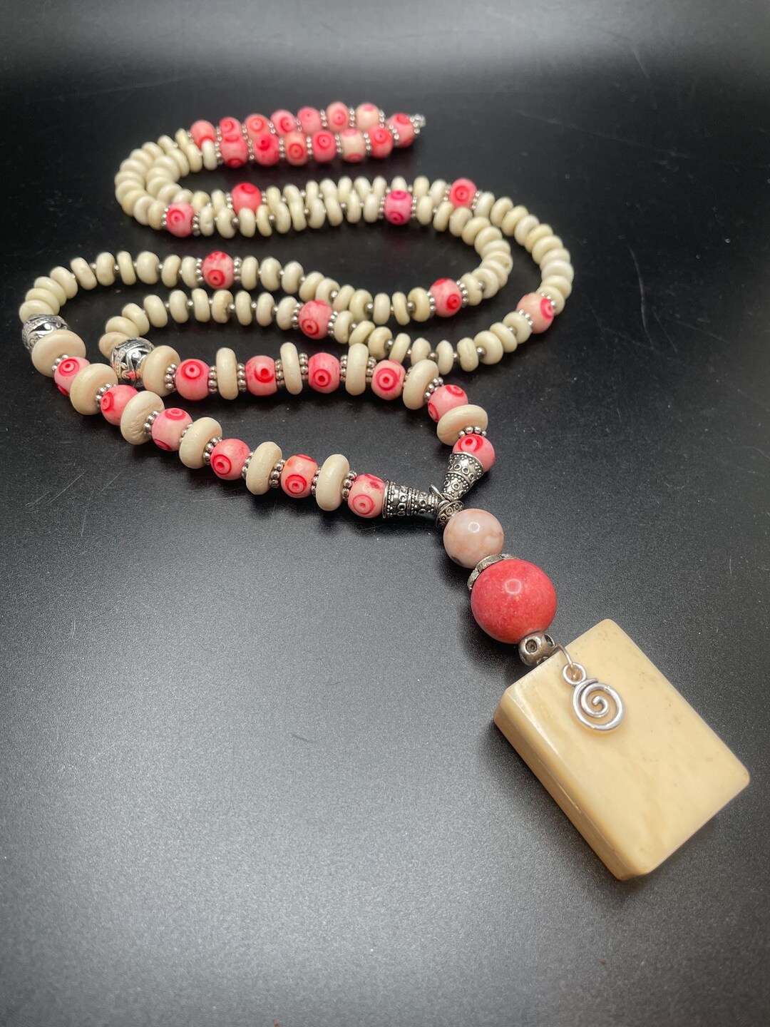 Vintage White Dragon Yak Bone and Bamboo Tile Pink Mahjongg Necklace - Etsy