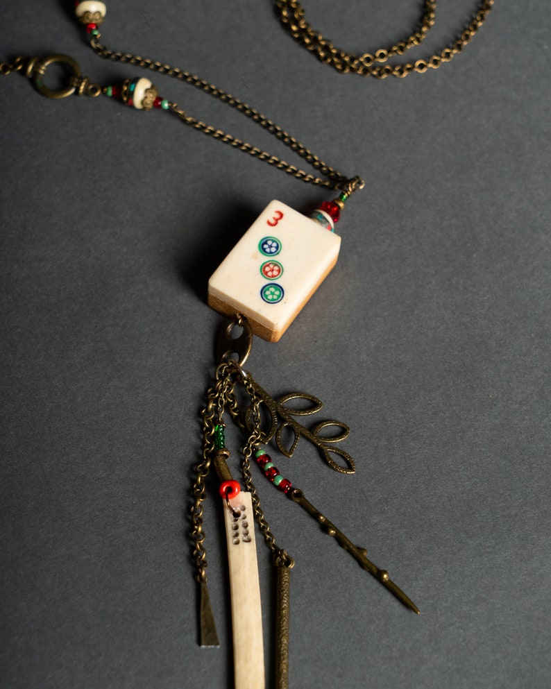 Mahjong / Mahjongg Necklace Jewelry Gift With Vintage Hand Carved 3 Dot ...