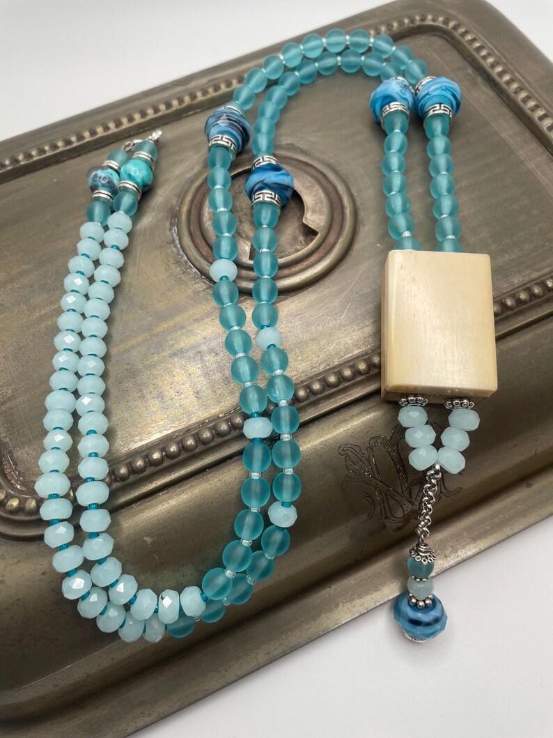 Vintage White Dragon Yak Bone and Bamboo Tile Blue Mahjongg Necklace ...