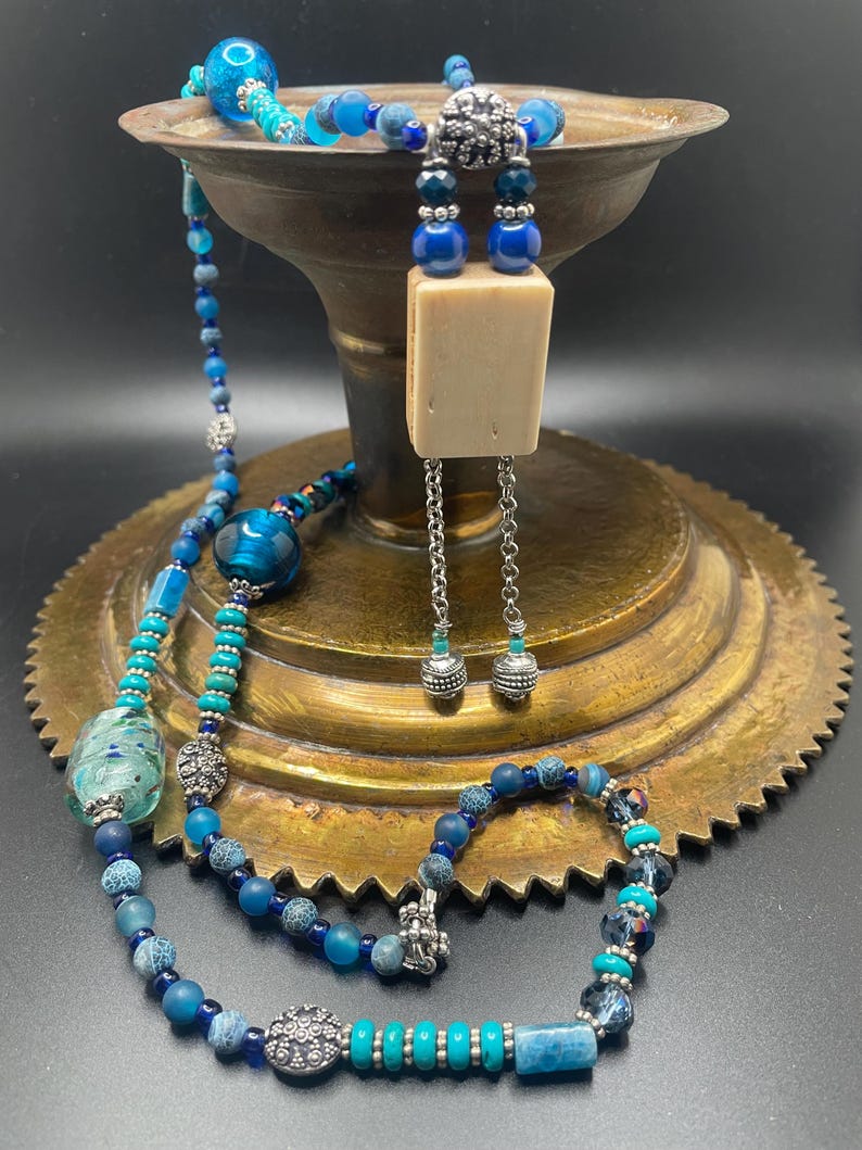 Vintage Yak Bone and Bamboo White Dragon Blue Mahjongg Necklace Jewelry ...