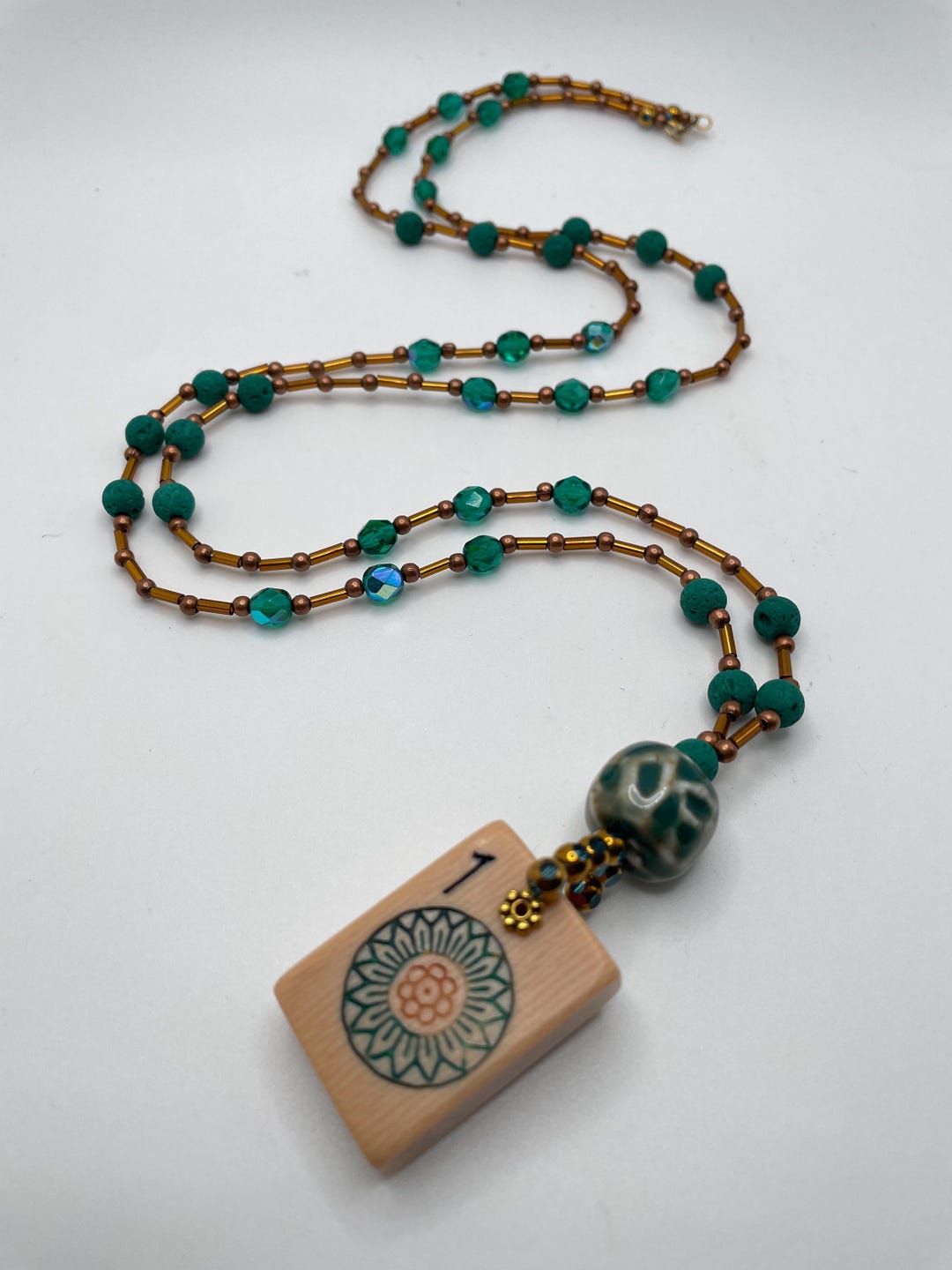 Bakelite Mahjong Tile Necklace: Emerald Green Beaded Loop, Handmade ...