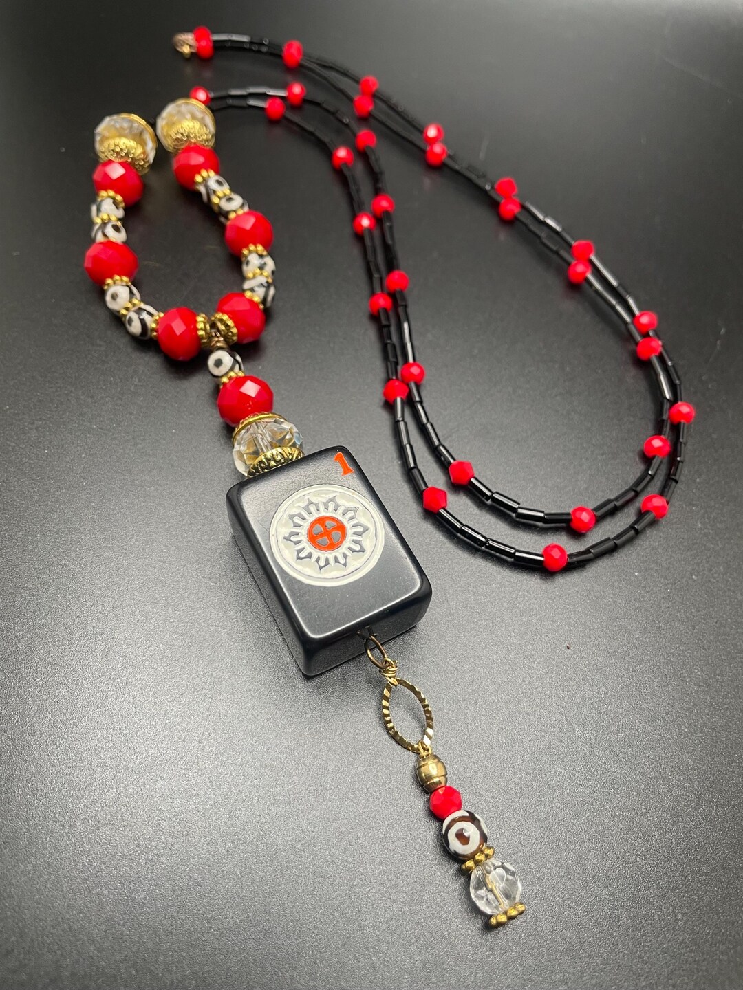 Contemporary One Dot Black and Red Mahjongg Tile Necklace - Etsy