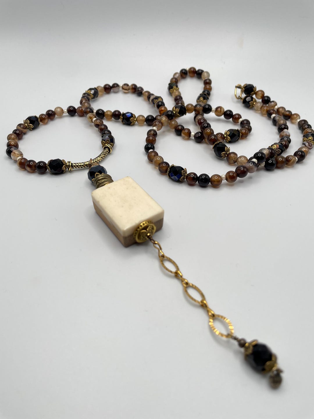 Vintage White Dragon Yak Bone and Bamboo Coffee Agate Mahjongg Necklace ...