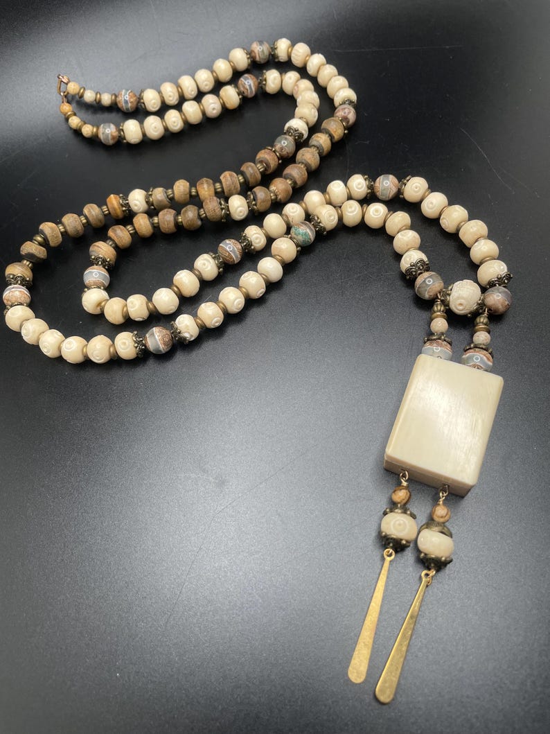 Vintage White Dragon Yak Bone and Bamboo Mahjongg Tile Necklace - Etsy