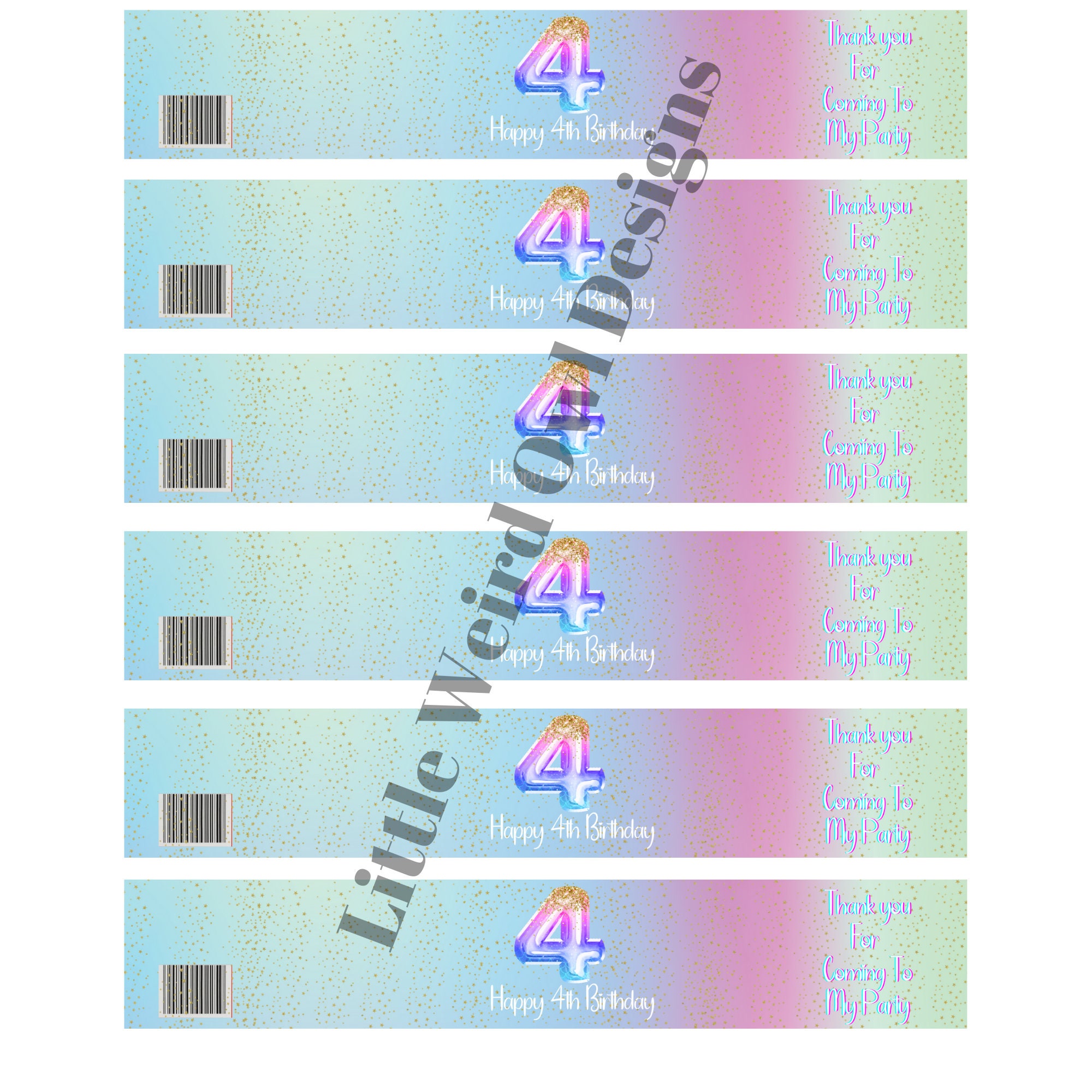 Number 4 Glitter Water Bottle Labels, Birthday Juice Labels, 4th ...