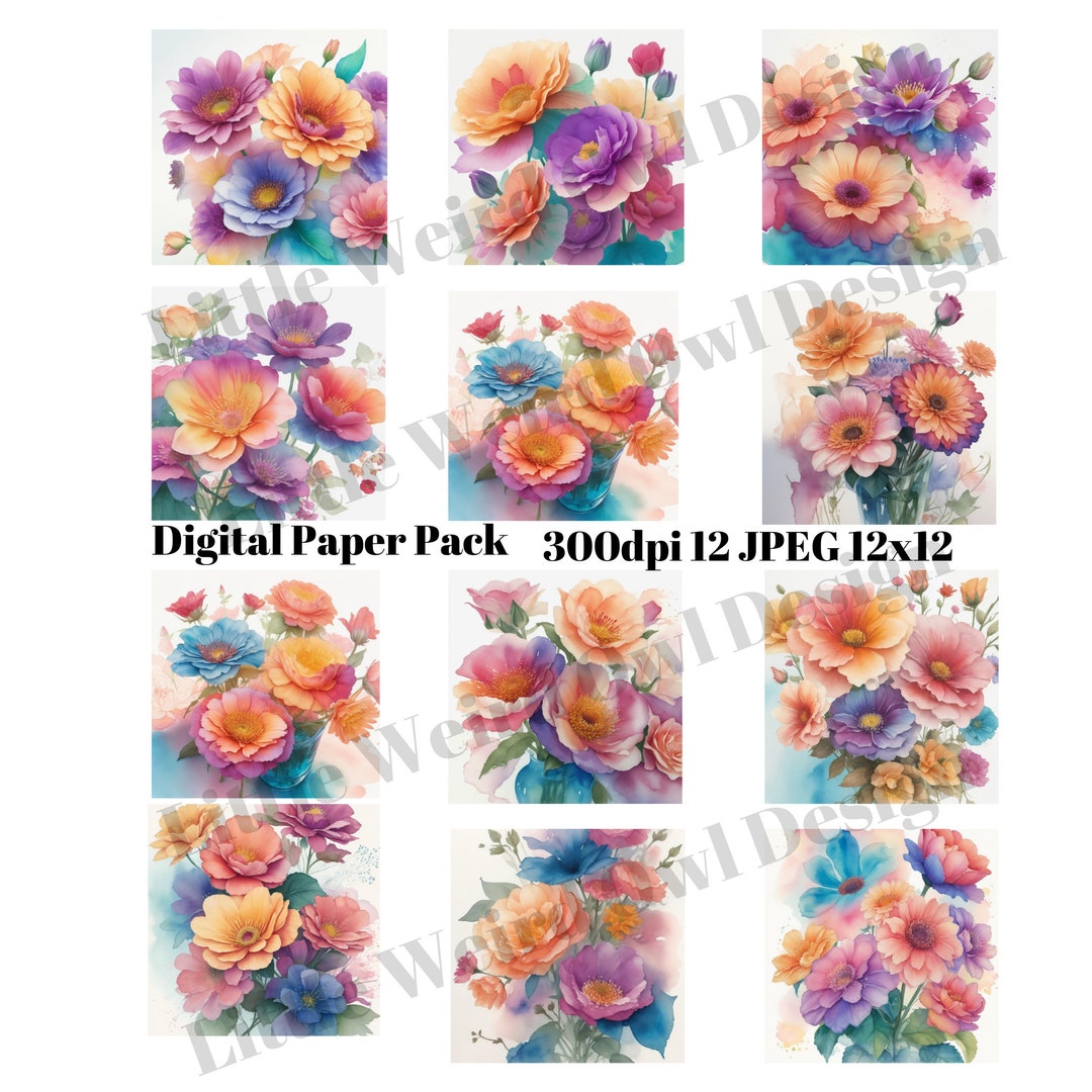 Flower Paper Pack Floral Watercolor Flowers Digital Paper, Pastel ...
