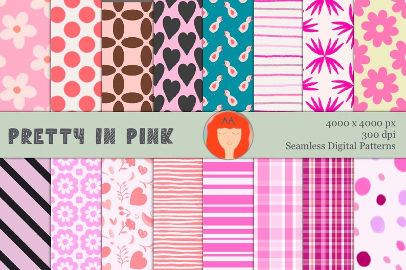 Pink Themed Seamless Patterns. 300dpi, 4000x4000. Dots, Flowers ...