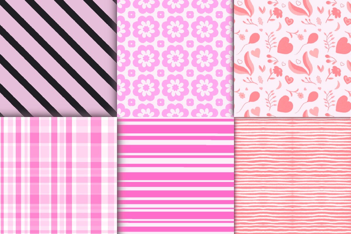Pink Themed Seamless Patterns. 300dpi, 4000x4000. Dots, Flowers ...