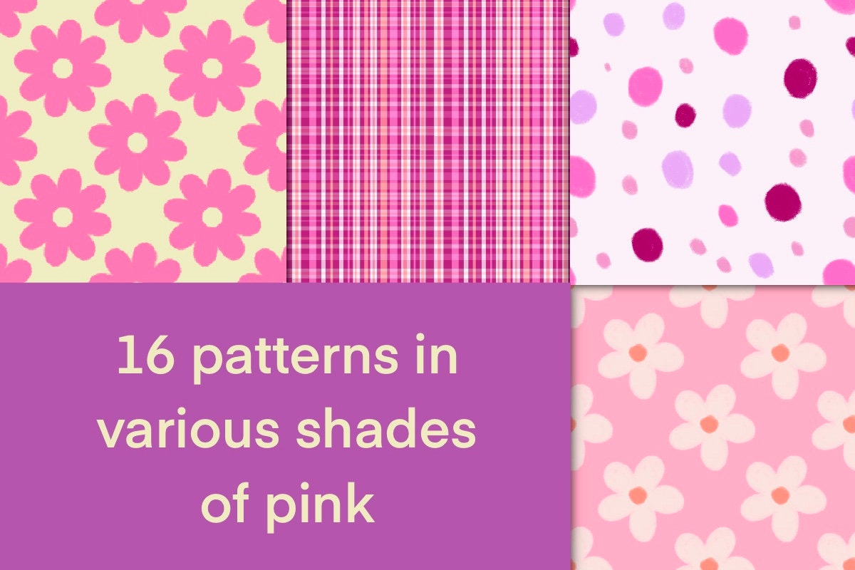 Pink Themed Seamless Patterns. 300dpi, 4000x4000. Dots, Flowers ...