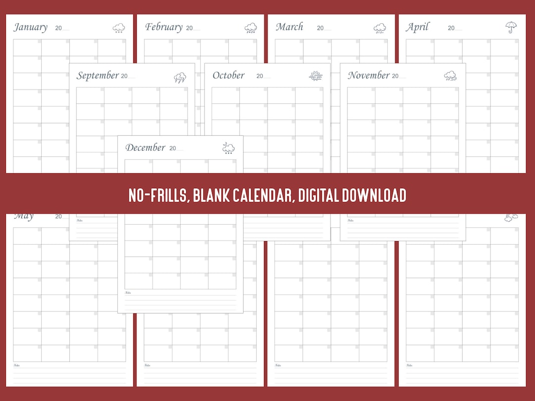 A4 Printable Digital Calendar for Planners, Journals, Plain, No Frills ...