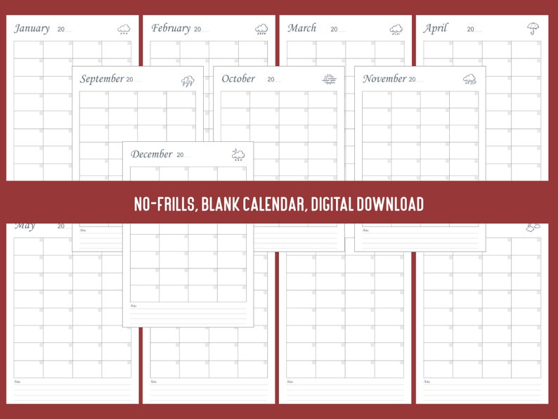 A4 Printable Digital Calendar for Planners, Journals, Plain, No Frills ...