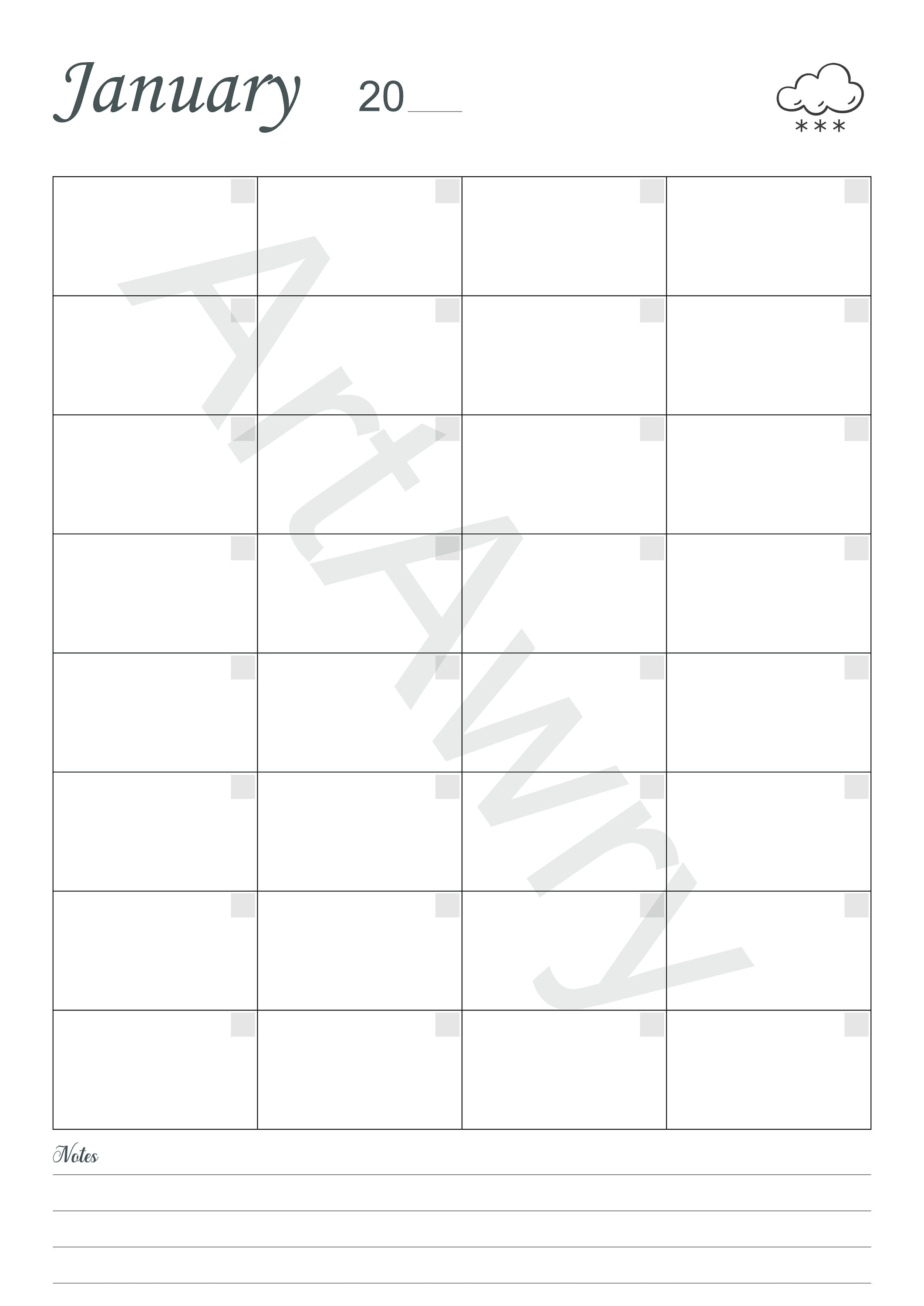 A4 Printable Digital Calendar for Planners, Journals, Plain, No Frills ...