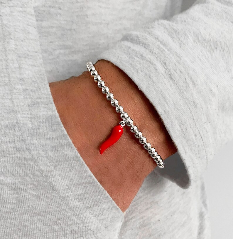 925 Sterling Silver Red Cornetto (italian Horn) Stretch Bracelet ...