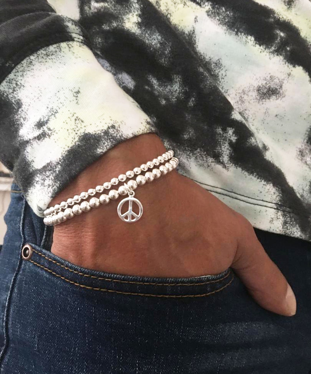 925 Sterling Silver Peace Symbol Stretch Bracelet, Peace Bracelet ...