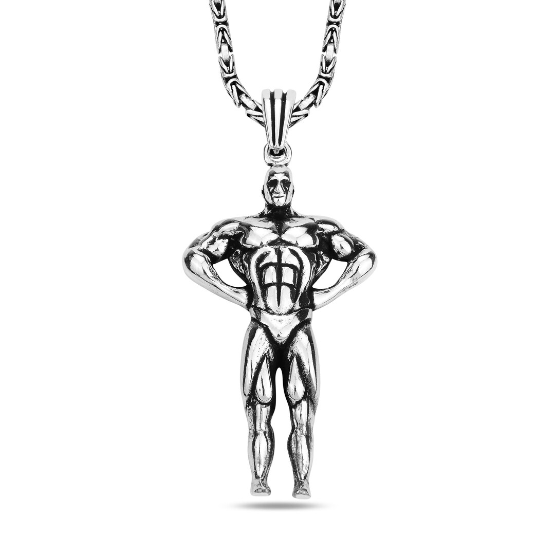 Sterling Silver Bodybuilder Pendant Necklace, Byzantine Chain, Fitness ...