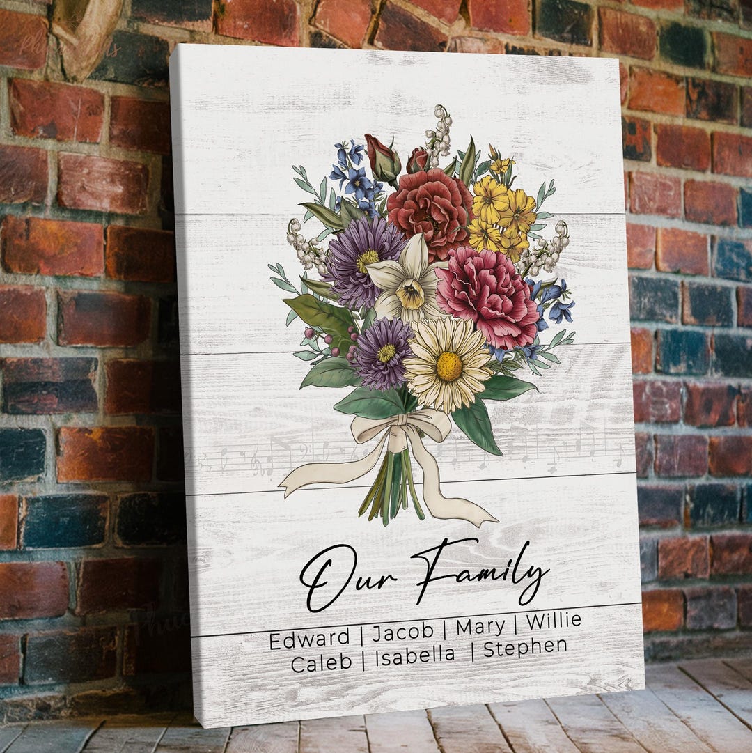 Family Birth Flower Bouquet, Watercolor Birth Month Flower Wall Art ...