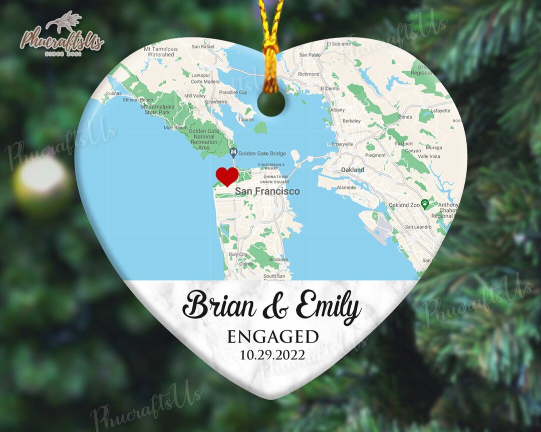 Custom Map Engaged Heart Ornament, Engagement Anniversary Gift for ...