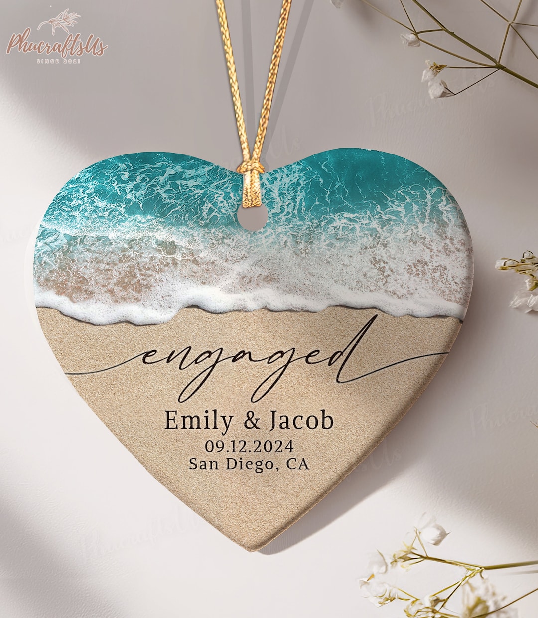 Beach Engaged Ornament, Engagement Christmas Ornament, Personalized ...