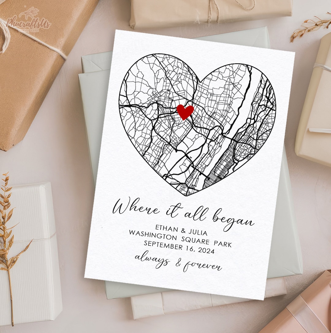 Custom Special Location Map Card, Personalised Wedding Anniversary Card ...