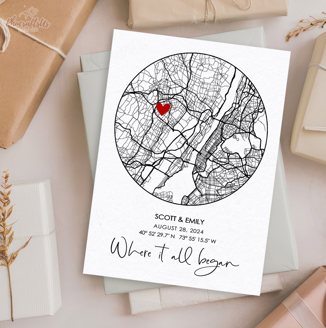 Custom Special Location Map Card, Personalised Wedding Anniversary Card ...
