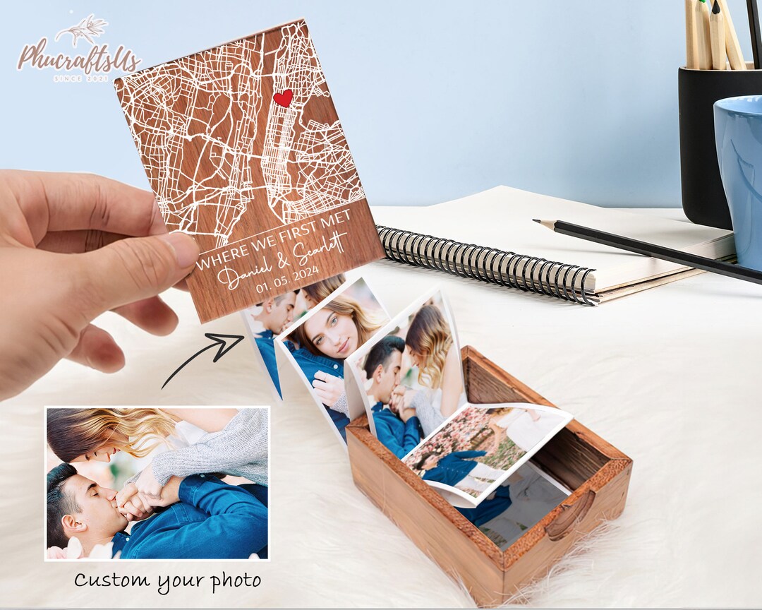Personalized Where We First Met Map Photo Album Box Pull Out Photo ...