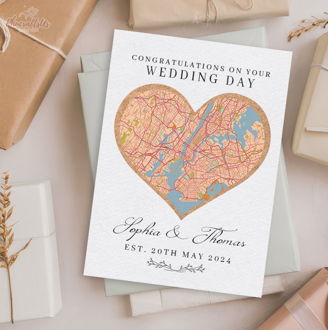 Custom Location Map Wedding Card, Personalised Wedding Card With Names ...