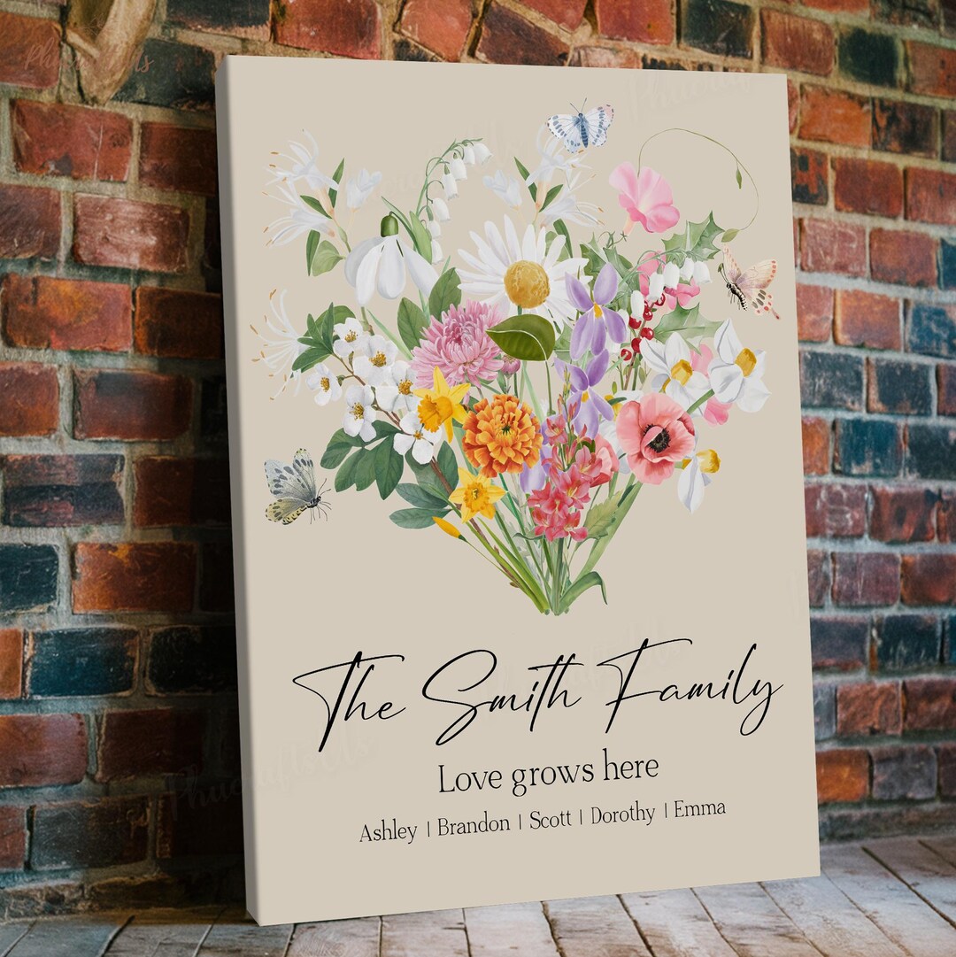 Family Birth Flower Bouquet, Watercolor Birth Month Flower Wall Art ...