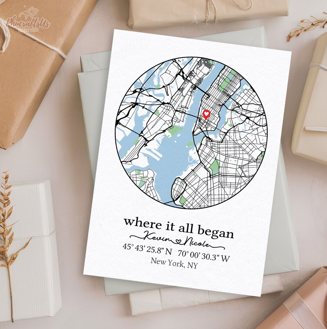 Custom Special Location Map Card, Personalised Anniversary Card ...