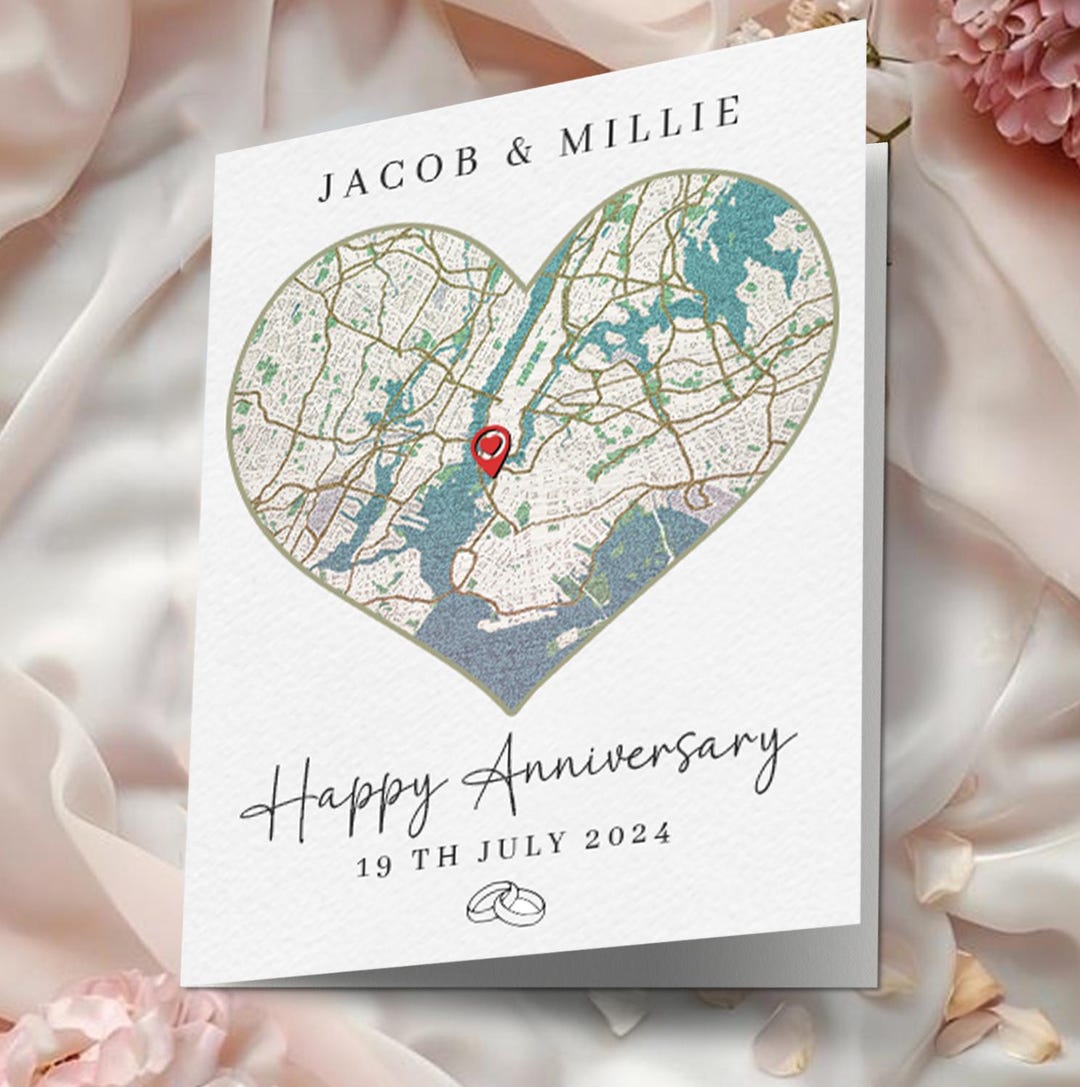 Custom Location Map Wedding Card, Personalized Anniversary Card ...