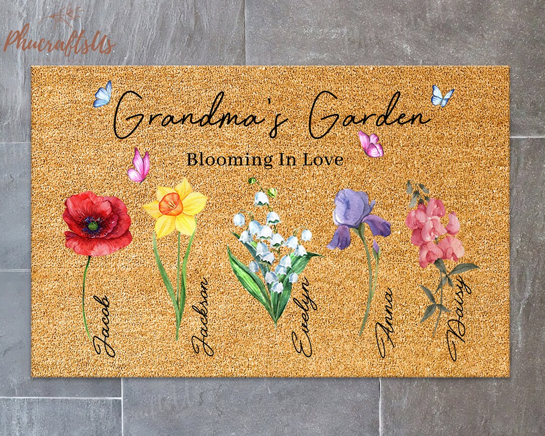 Personalized Grandma's Garden Doormat, Birth Month Flower Rubber ...