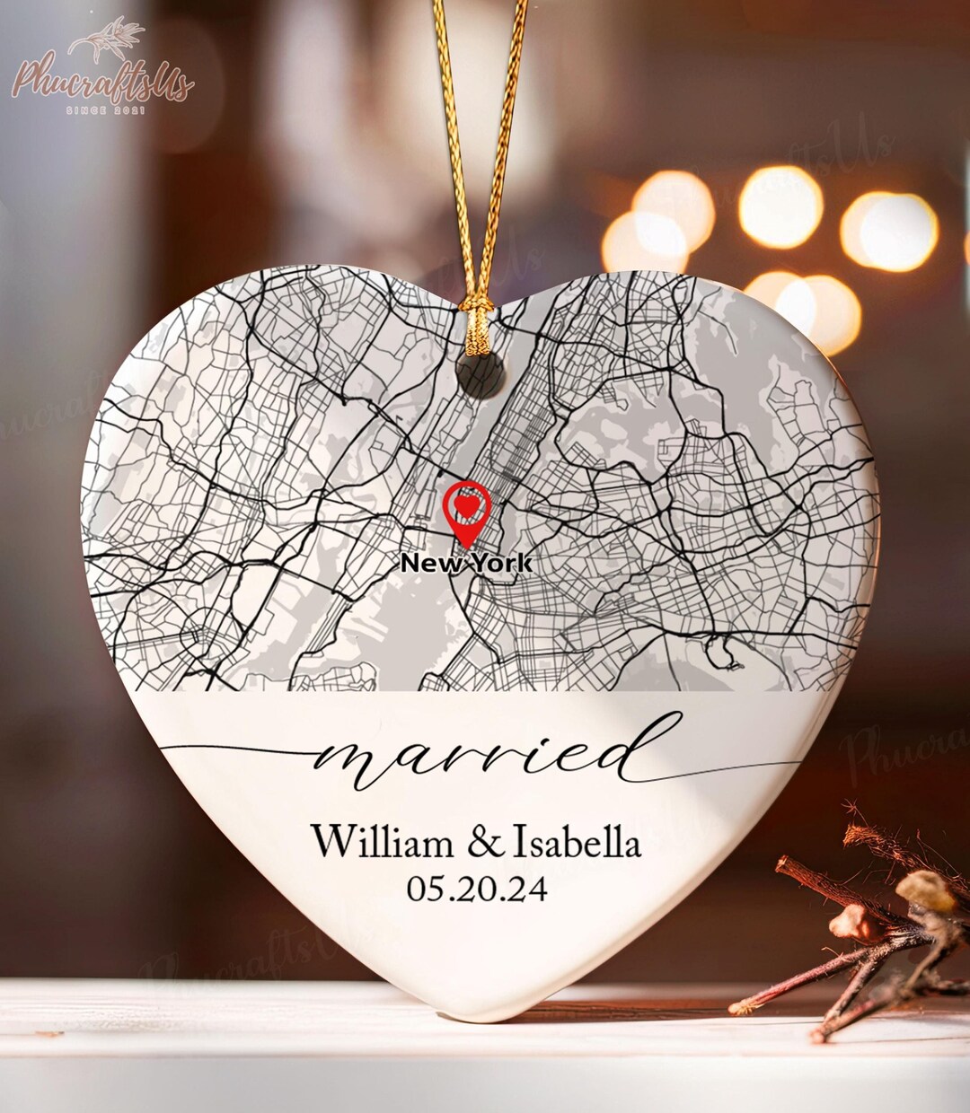 Custom Location Map Wedding Ornament, Married Ornament, Wedding ...